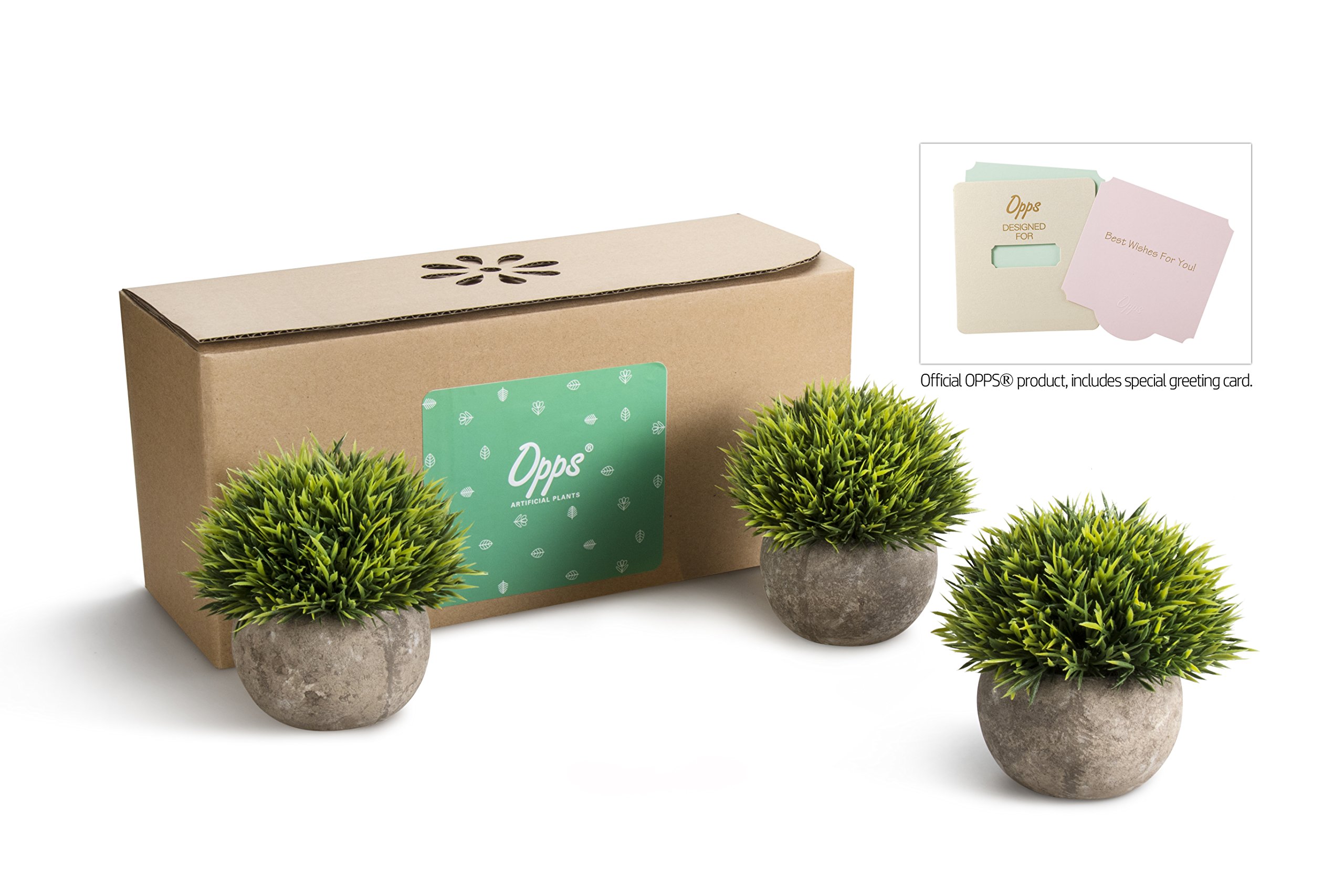 Opps Mini Artificial Plants Plastic Fake Green Grass Topiary Shrubs with Gray Pot for Home Décor – Set of 3