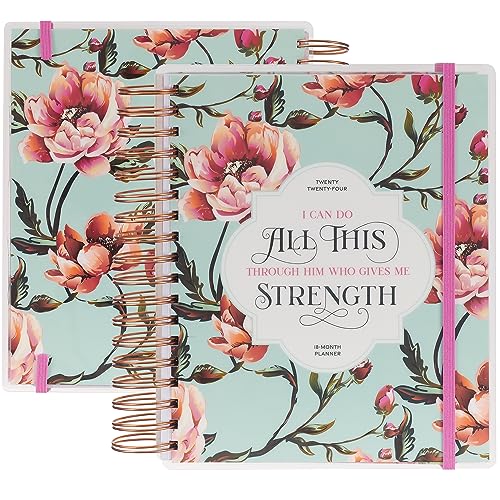 Christian Art Gifts Inspirational 18 Month Wirebound 2024 Planner for Women: I Can Do All This - Philippians 4:13 Bible Verse, Personal Week Organizer w/Elastic Closure Aug 2023-Jan 2025, Teal Floral