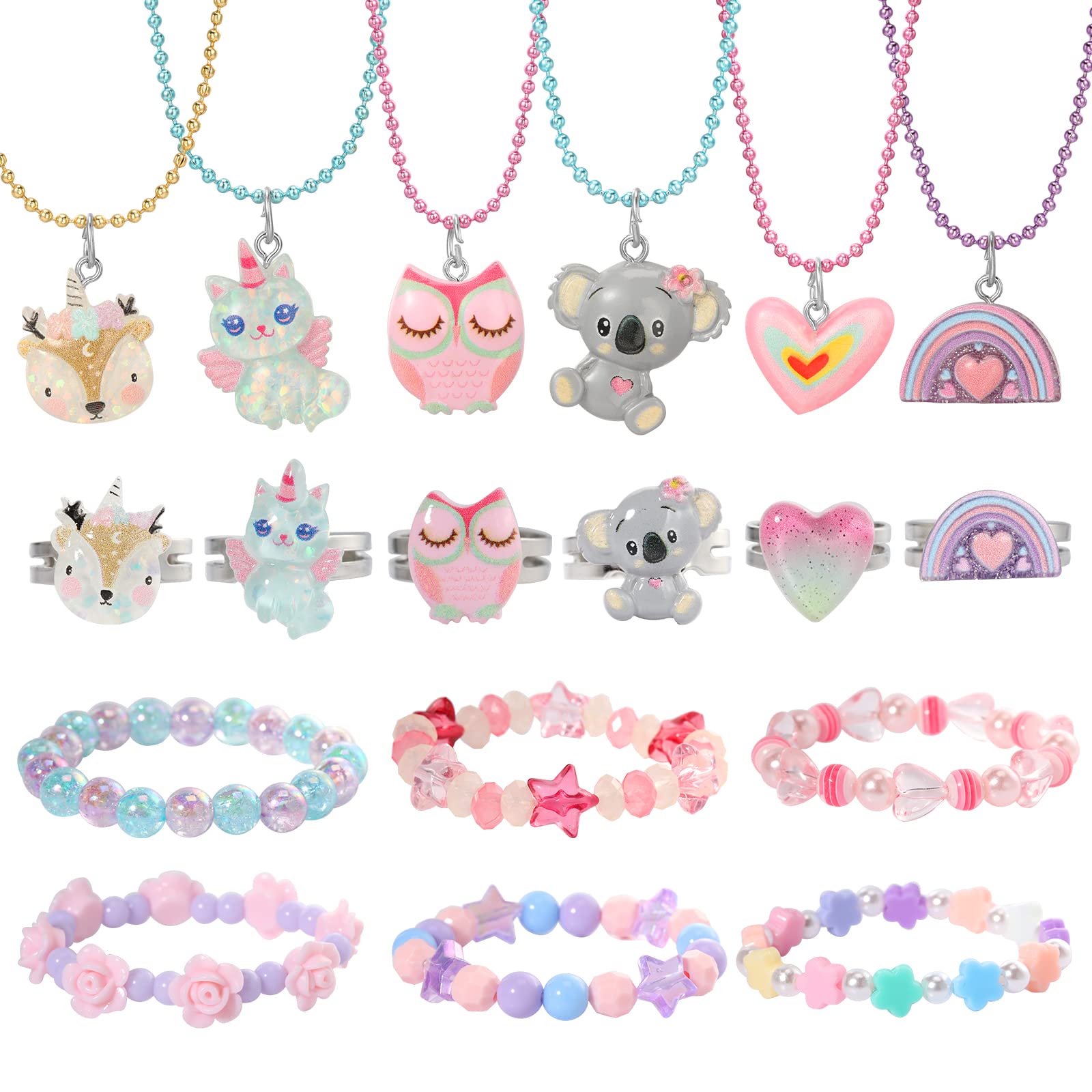 PinkSheep Clip On Earrings and Necklace for Little Girls, 6 Sets, Unicorn Earrings and Necklace, Party Favors Bag multicolored