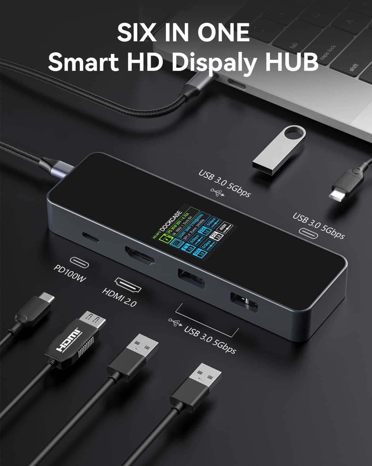 DOCKCASE Visual Smart USB C Hub (6-in-1) with HDMI Port 4K@60Hz, USB-C and 3 USB-A 5Gbps Data Ports, 100w PD Power Delivery, for MacBook Air, MacBook Pro, XPS, and More