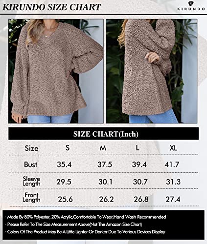 KIRUNDO Women's 2023 Fall Winter Oversized Fuzzy Popcorn Sweaters Trendy V Neck Long Sleeve Cozy Pullover Tunic Tops(X-Large, Khaki)