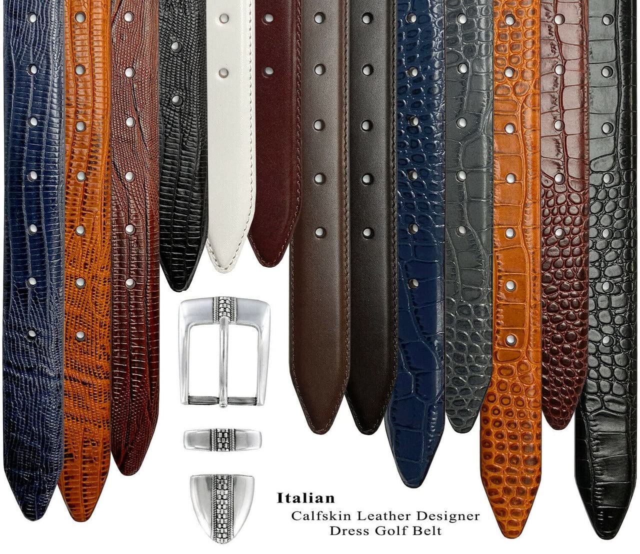 Brandon Italian Calfskin Genuine Leather Designer Golf Dress Belt 1-1/8"(30mm) Wide (Alligator Black, 40)