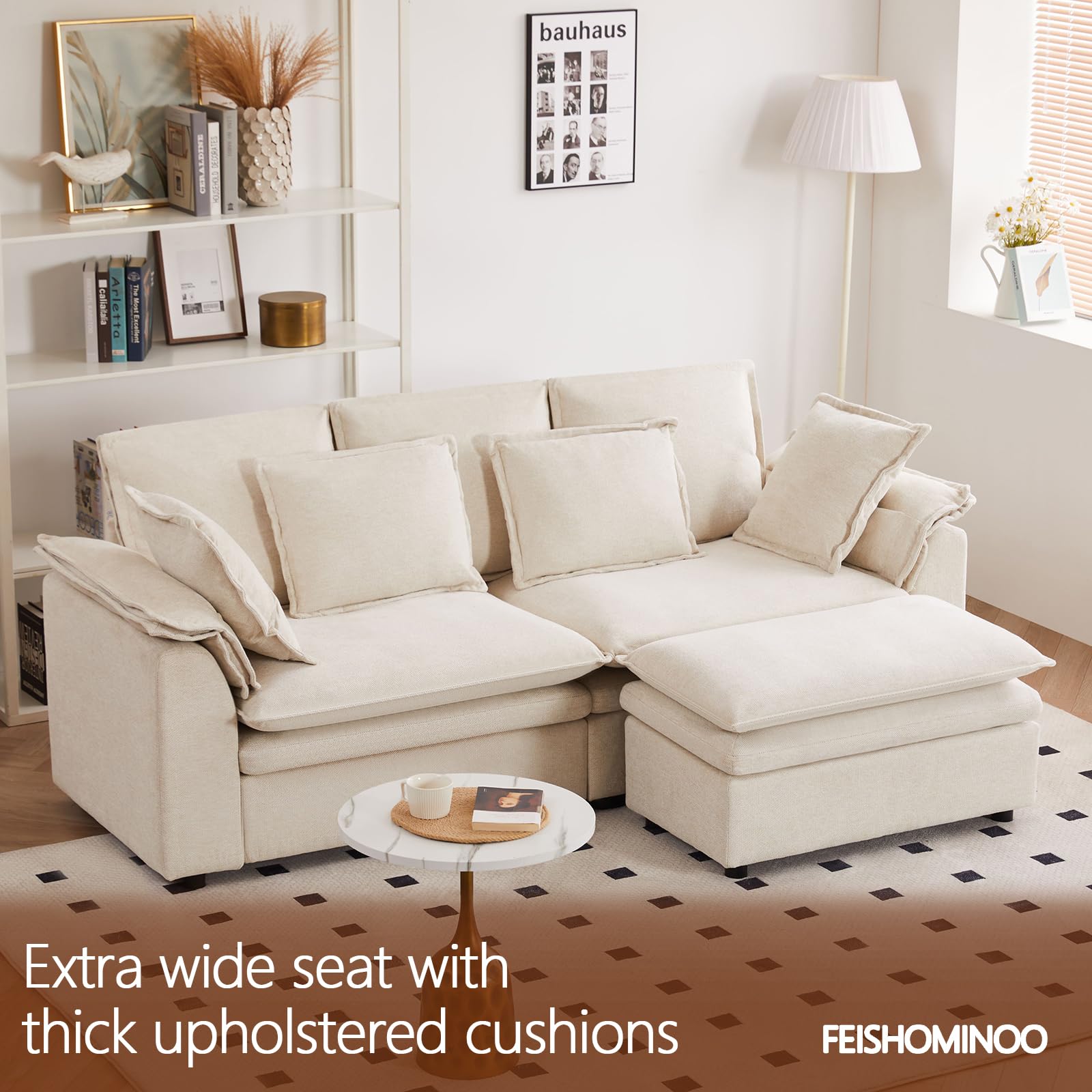 FEISHOMINOO 87" L Shaped Sectional Sofa Modular Deep Seat Sofa Couch with Ottoman, Chenille Sofa Sleeper Comfy Upholstered Furniture for Living Room, Apartment, Studio, Office (Espresso, L-Shaped)