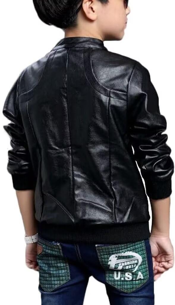 Chinaface Boy's Trendy Stand-Collar PU Leather Spring Moto Jacket Black-Large (Tag140, 9/10T)