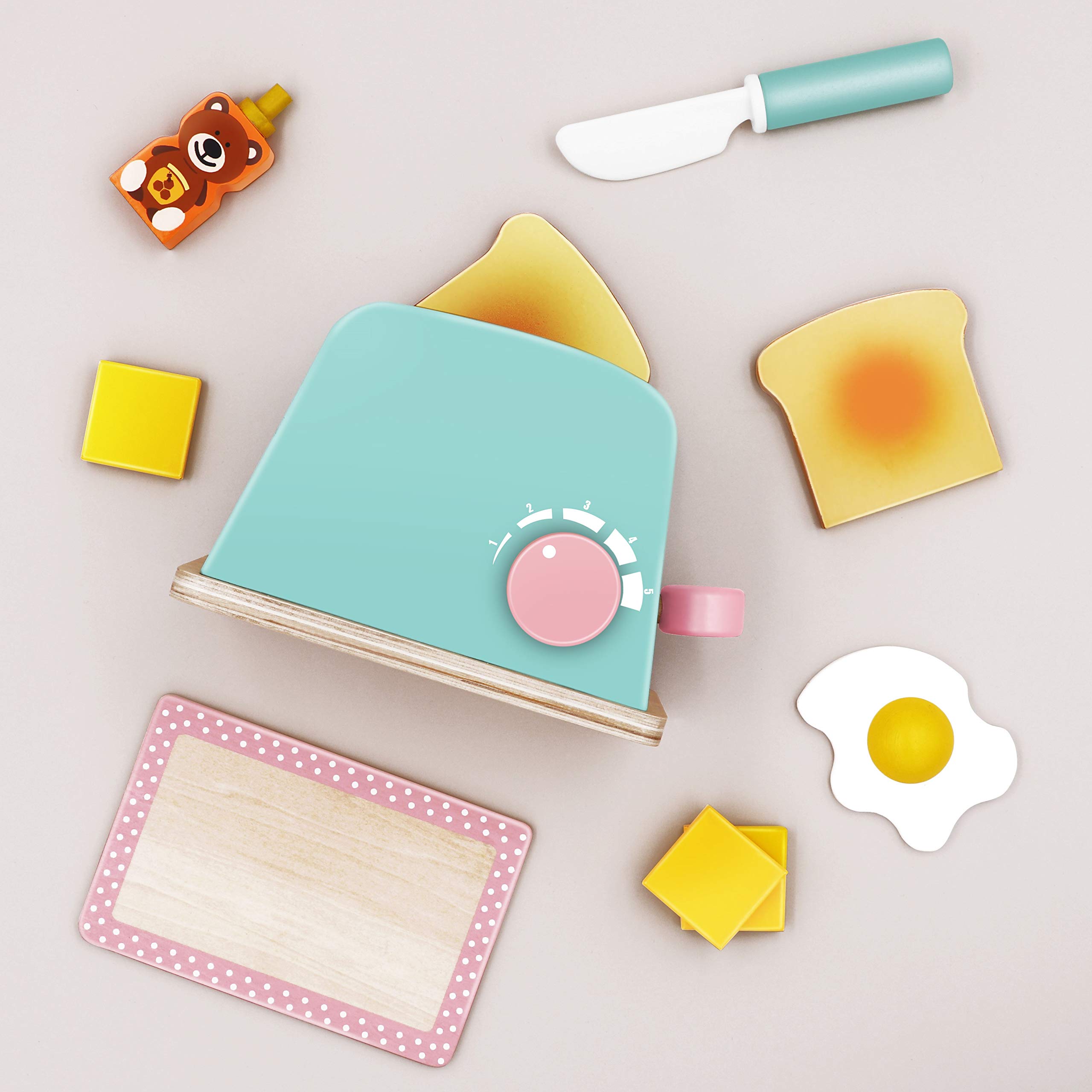Toy Kitchen Wooden Pop-Up Toaster Play Set 10 Pcs, Interactive Early Learning Toaster, Exclusive Chopping Board, Knife, Poached Egg Honey Bear and Sliceable Butter, Fun and Colorful for Girls and Boys