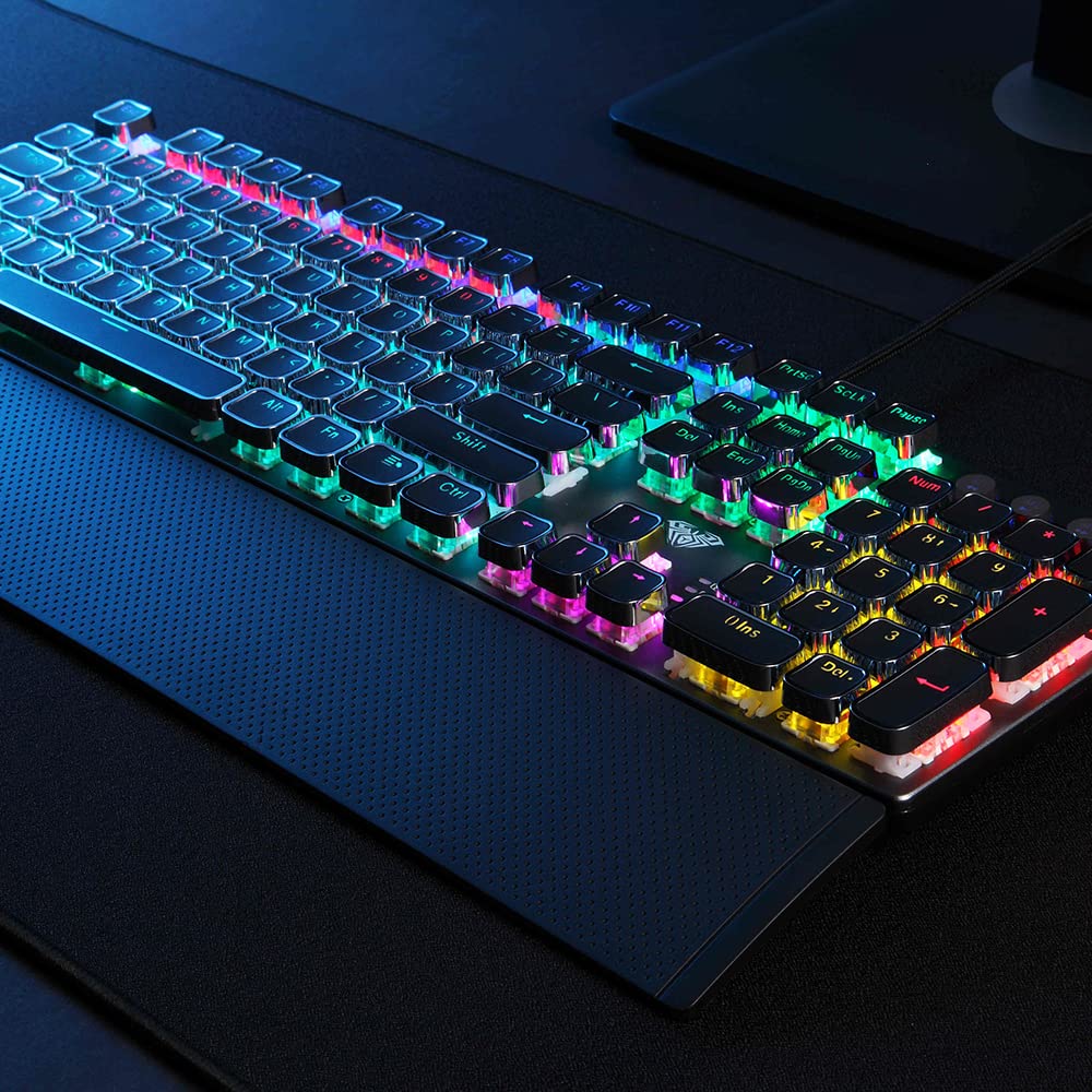 Docooler Wired Mechanical Keyboard 104 Keys Blue Switches Gaming Keyboard with 22 Mixed Light Effect, Multimedia Buttons, Metal Panel and Magnetic Suction Wrist Rest