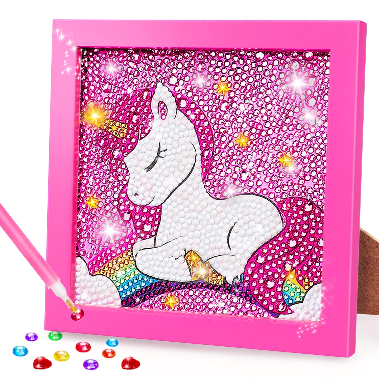 TOY Life 5D Diamond Gems Kits for Kids with Wooden Frame Diamond Arts and Crafts for Kids Ages 6 8 10 12 Gem Art Painting Kit Unicorn Diamond Dots Painting Kits for Kids Art Project