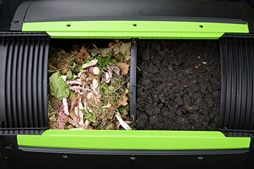 Maze 65 Gallon Dual Chamber Compost Tumbler with Large Double Door and Open Base and Comes with Maze Compost Cart