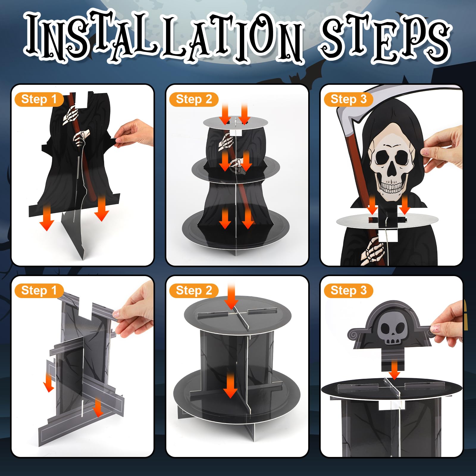 Halloween Cupcake Stand for 24 Cupcakes, Death and Tombstone Halloween Cupcake Decorations, Cardboard Cupcake 3 Tier and 2 Tier Set, Halloween Party Supplies. (Death)