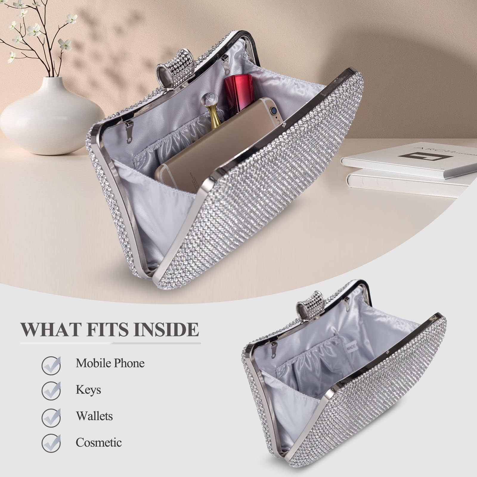 Pinprin Ladies Sparkly Rhinestones Evening Clutches Women's Crystal Diamante Evening Bag Prom Wedding Handbag Party Purse (B-Gold)