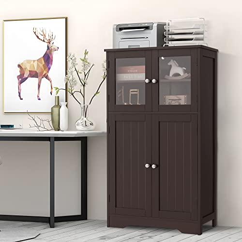 Iwell Bathroom Storage Cabinet, Linen Cabinet with Glass Doors & Adjustable Shelf, Freestanding Storage Organizer for Living Room, Home Office, Bathroom, Brown