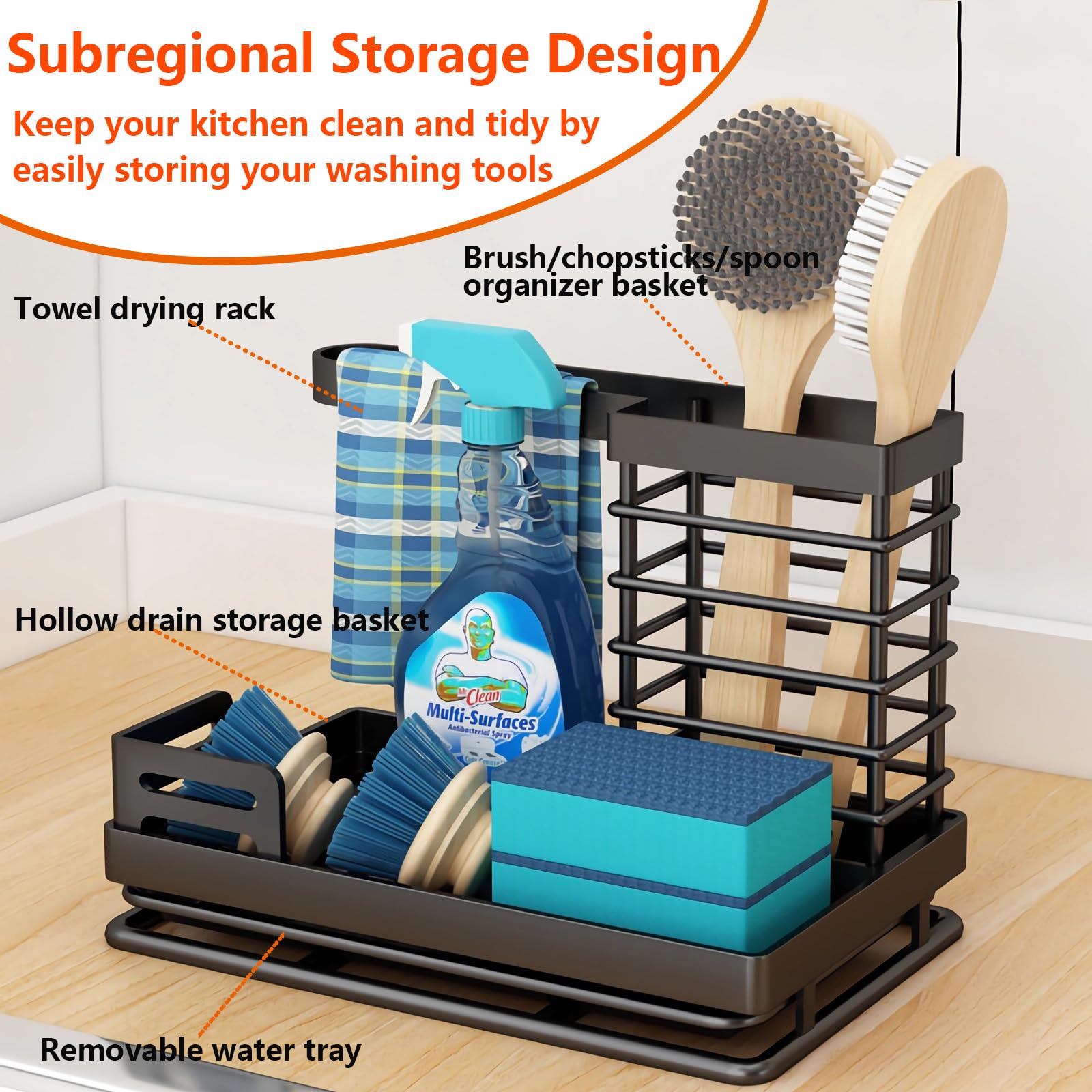 CIT ZCFYU Kitchen Sink Caddy Sponge Holder, Sink Caddy Kitchen Sink Organizer Stainless Steel, Dish Sponge Holder with Dishcloth Rack, Removable Drain Tray for Sponge, Gifts for Women & Men, Black
