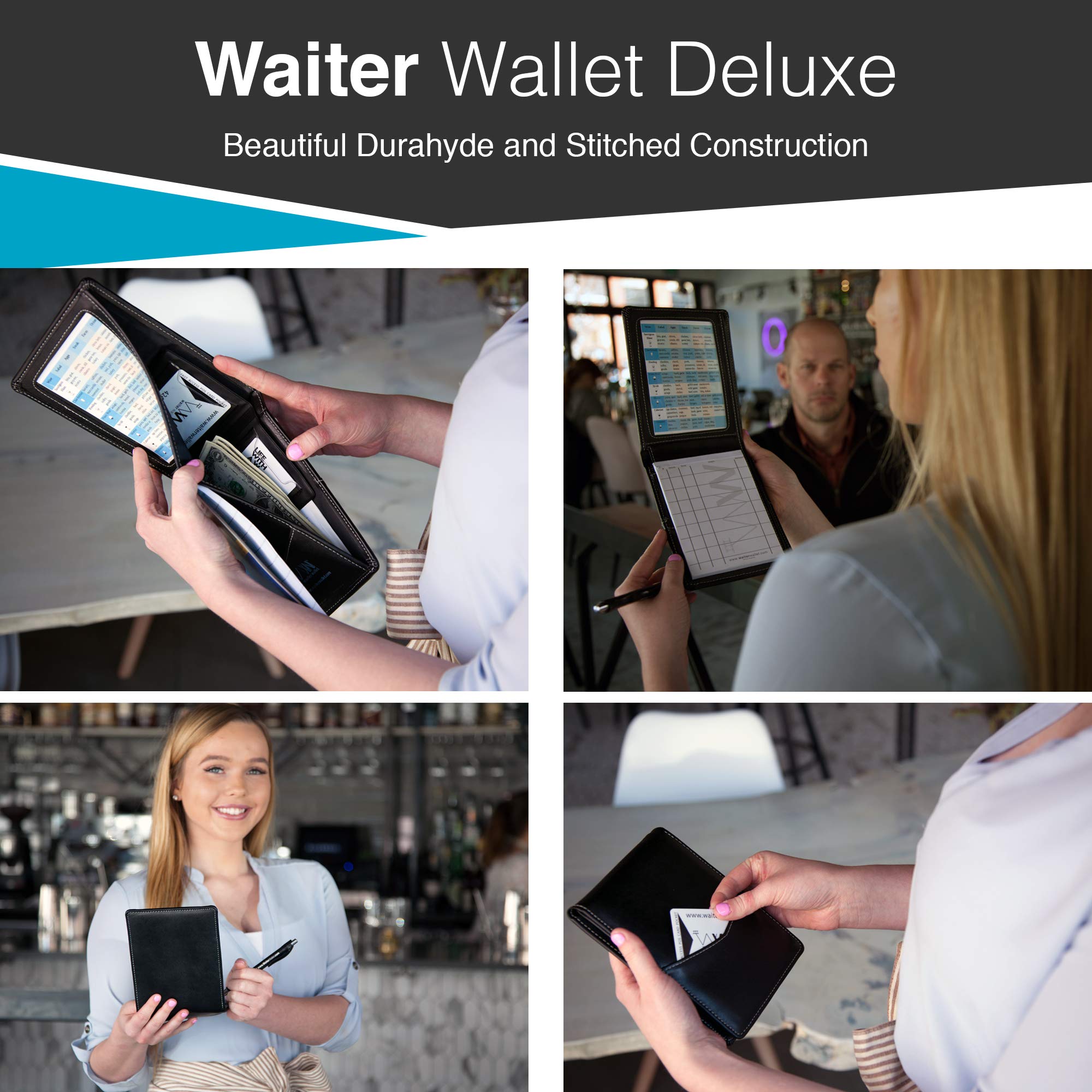 Waiter Wallet Deluxe (Black) Server Book Organizer with Clear Pocket Insert for Waiters and Waitresses | Includes Restaurant Guest Order Pad | Medium Size fits Apron Pockets | 4.75" x 6.75"