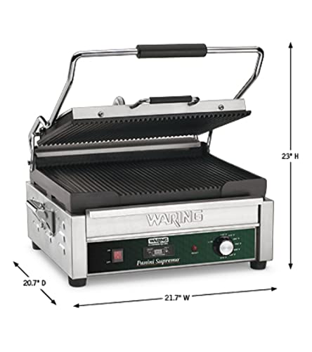 Waring Commercial WPG250T Panini Supremo Large Ribbed Panini Grill, With 20 Minute Countdown Timer, 120V, 1800W, 5-15 Phase Plug,Green
