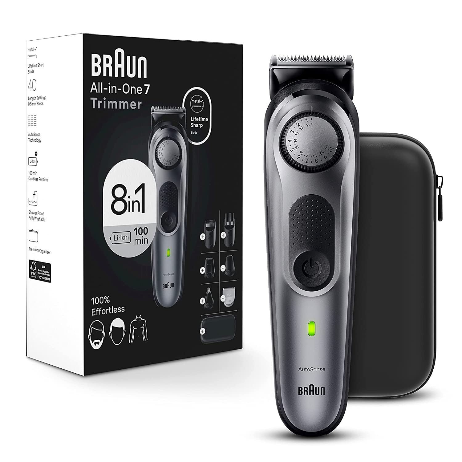 Braun All-in-One Style Kit Series 7 7410, 8-in-1 Trimmer for Men with Beard Trimmer, Body Trimmer for Manscaping, Hair Clippers & More, Braunās Sharpest Blade, 40 Length Settings, Waterproof