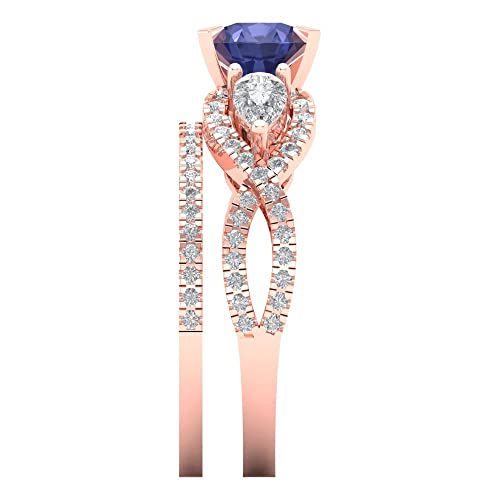 Clara Pucci 1.95 carat Round Shape 3 stone Simulated Tanzanite Wedding Anniversary Bridal Engagement Ring Band set 14k Rose Gold 6.25