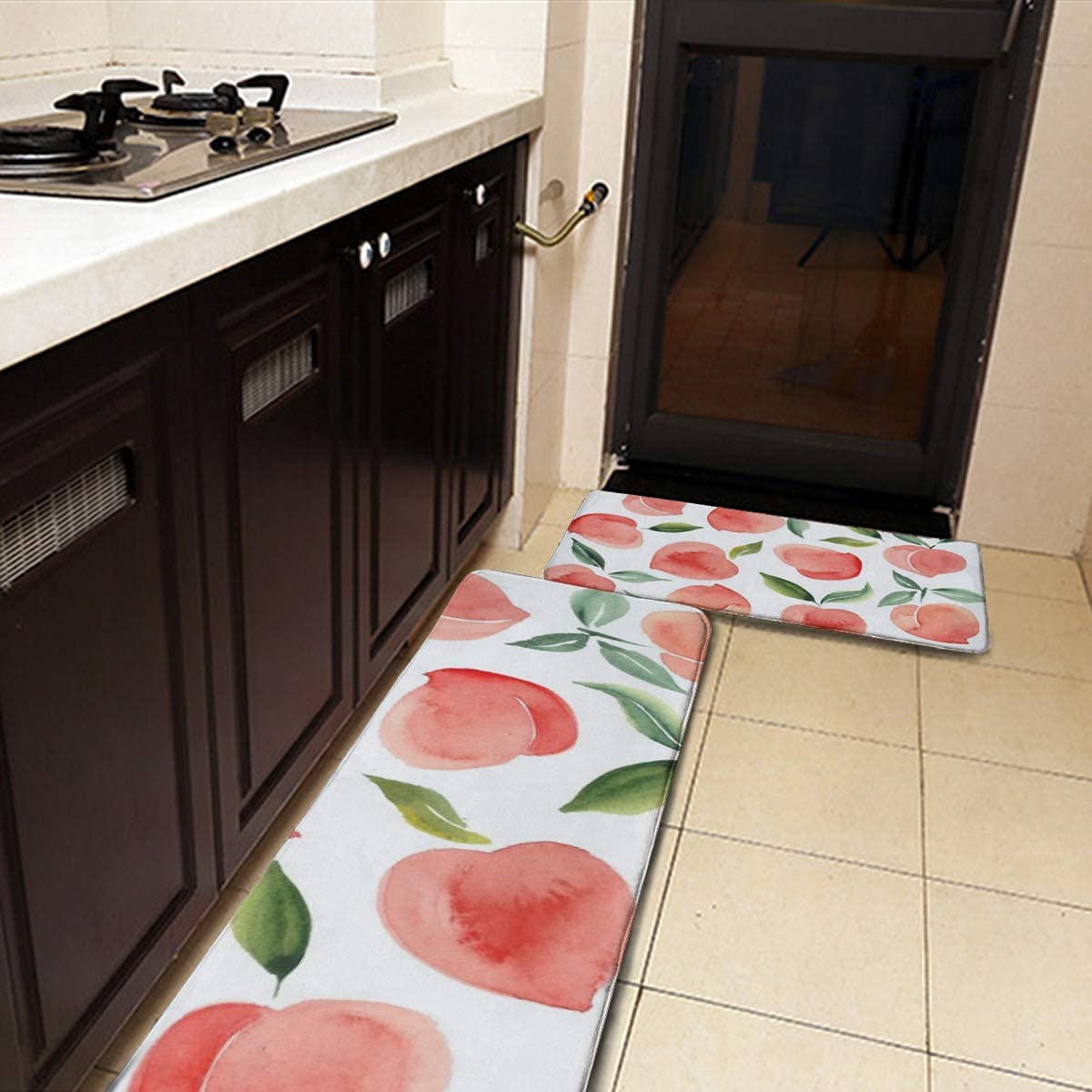 Dapuge, 2 Pcs Kitchen Rug Set, Peaches NonSlip Kitchen Mats and Rugs Soft Flannel NonSlip Area Runner Rugs Washable Durable Doormat Carpet, White, OneSize