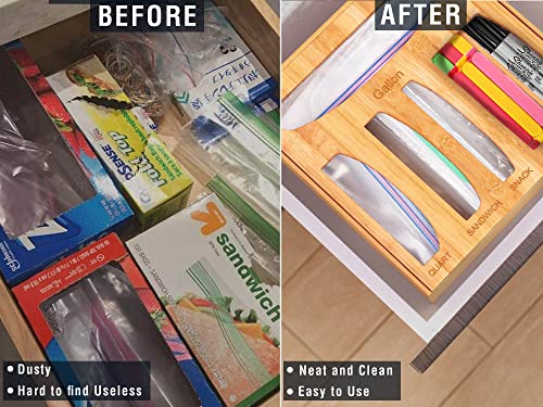 More2Store Ziplock Bag Storage Organizer Bamboo 6 in 1 Food Baggie Dispenser for Kitchen Drawer - Compatible with Gallon, Quart, Sandwich, Snack, Clip, and Marker
