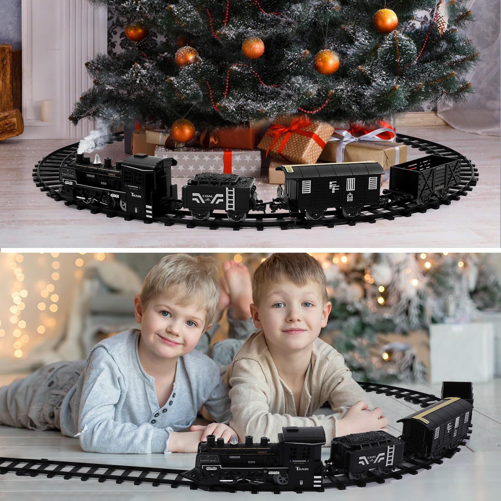 TOYANDONA Electric Train Set, Steam Locomotive Engine Toy Train Set Battery Powered Electric Railway Train Set with Lights and Sounds for Kids