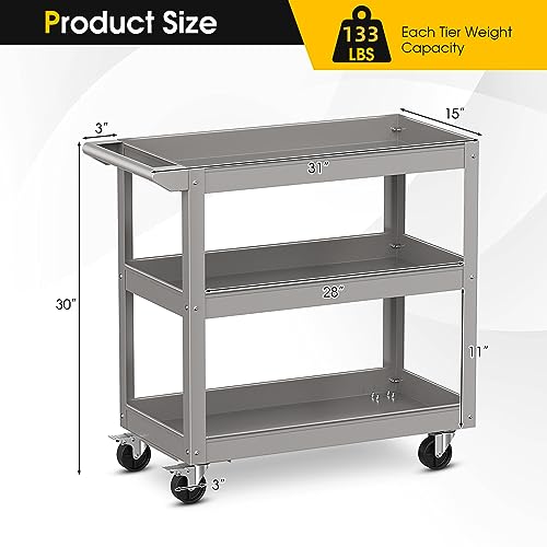 IRONMAX 3-Tier Utility Service Cart, 400 Lbs Heavy Duty Metal Trolley Rolling Cart w/Ergonomic Flat Handle, Lockable 360°Swivel Wheels, Chic Mechanic Tool Cart for Garage Warehouse & Repair Shop