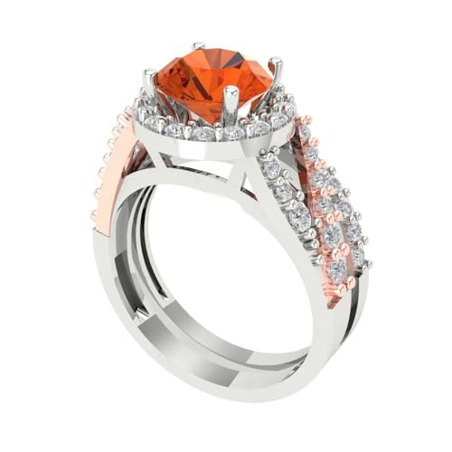 Clara Pucci 2 ct Round Cut Halo Solitaire Red Simulated Diamond Designer Art Deco Statement Wedding Ring Band Set 18K 2 tone Gold 10