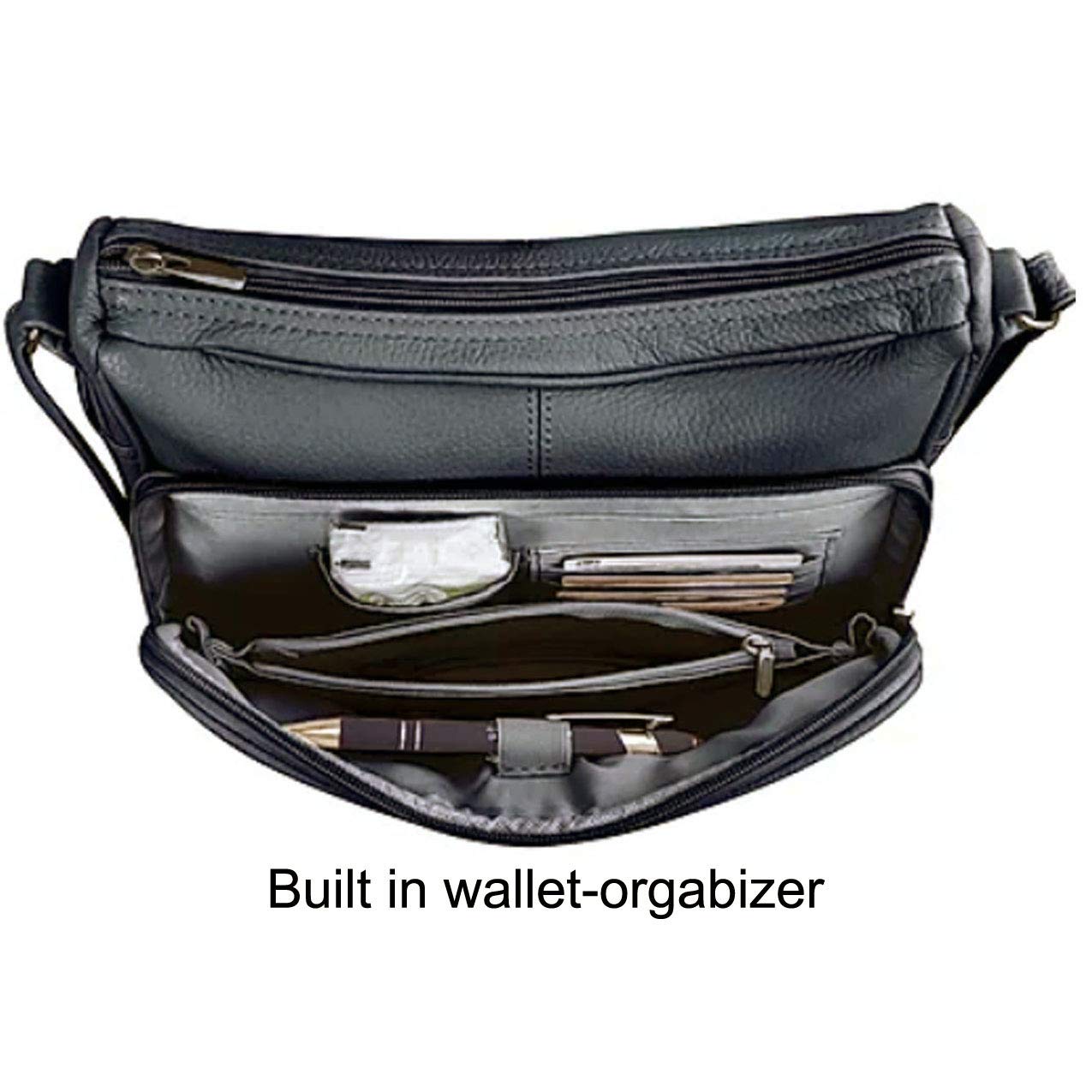 SILVERFEVER Medium Leather Handbag | Ladies Shoulder Bag | Organizer w Built in Wallet (black cowhide)