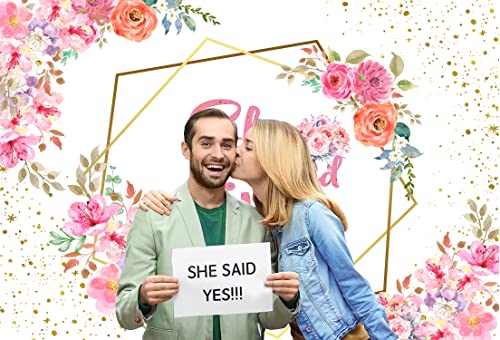 Just Married Backdrop 8x6ft Polyester She Said Yes Engagement Reception Backdrop Geometric Pink Flowers Engagement Party Reception Decorations Backdrop Wedding Party Backdrop Decoration YL096