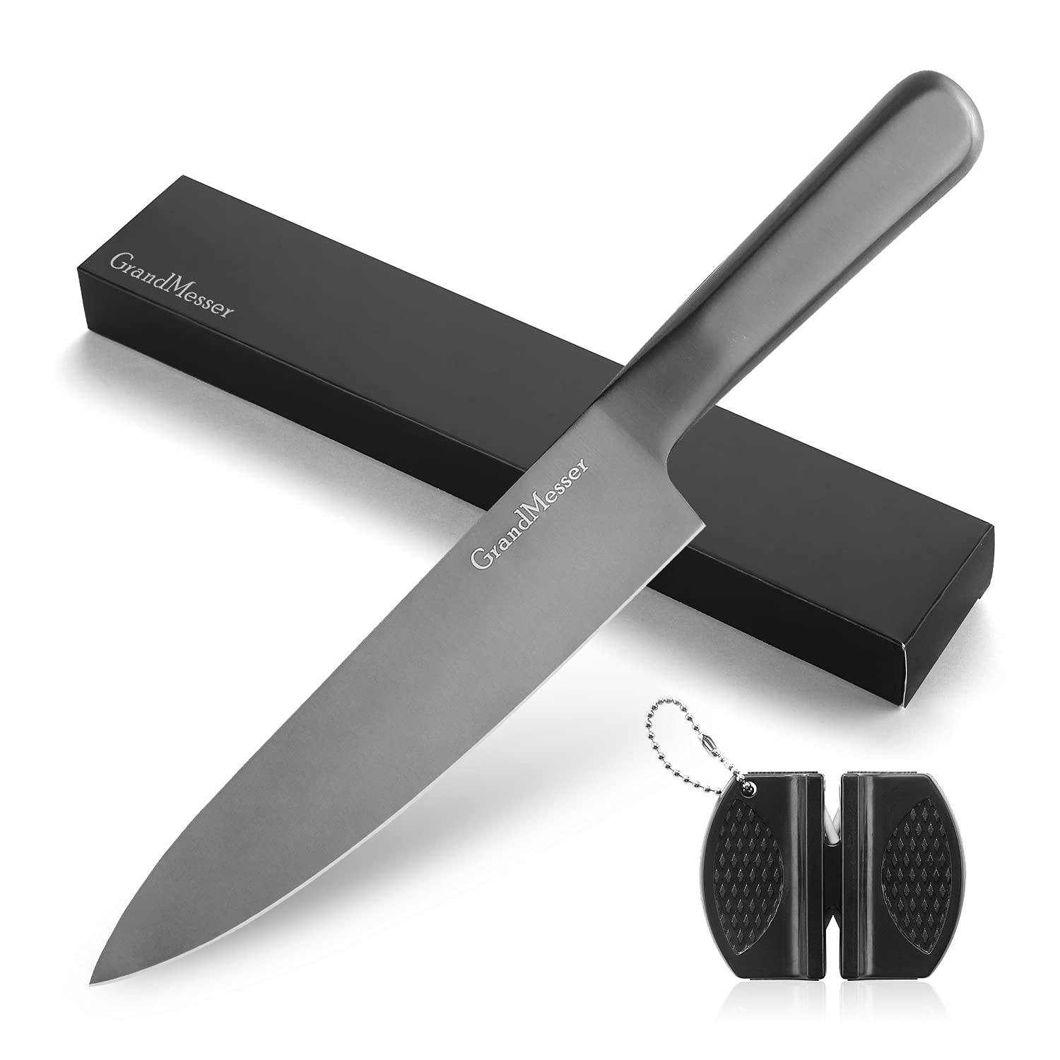 Cooking Chef Knife, 8 Inches Carbon Stainless Steel Kitchen Knife with Sharpener and Ergonomic Handle, Chopping Knife for Professional Use(Matte Stainless)