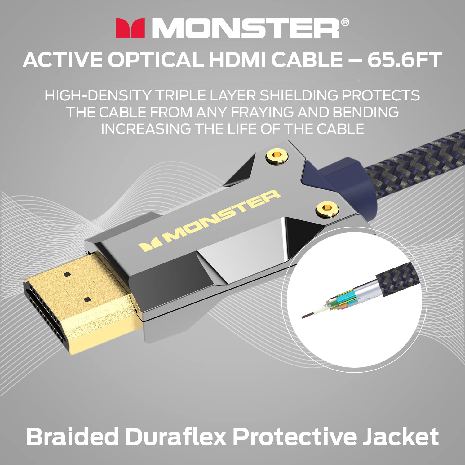 Monster M-Series Active Optical Lightwave Cable Certified Premium HDMI 2.1-48 Gbps Cable with Aluminum Extrusion Connector, V-Grip, Duraflex Protective Jacket - Supports 8K @ 60HZ, 4K @ 120HZ, 65.6 FT