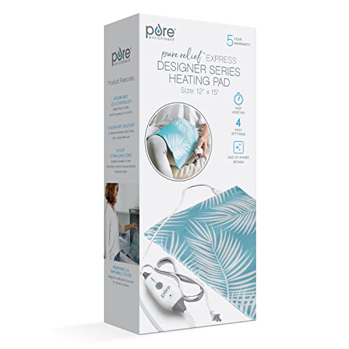 Pure Enrichment® PureRelief™ Express Designer Series Electric Heating Pad - 12” x 15” Fast-Heating with 4 Heat Settings, Machine-Washable Fabric, & 2-Hour Auto Safety Shut-Off - Palm Aqua