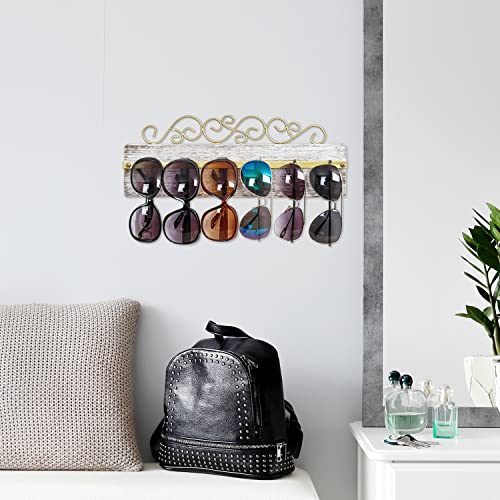 MyGift Vintage Whitewashed Wood Wall Mounted Sunglasses Rack, Entryway Glasses Holder Eyewear Display with Rail Hanger and Scrollwork Brass Tone Metal Design
