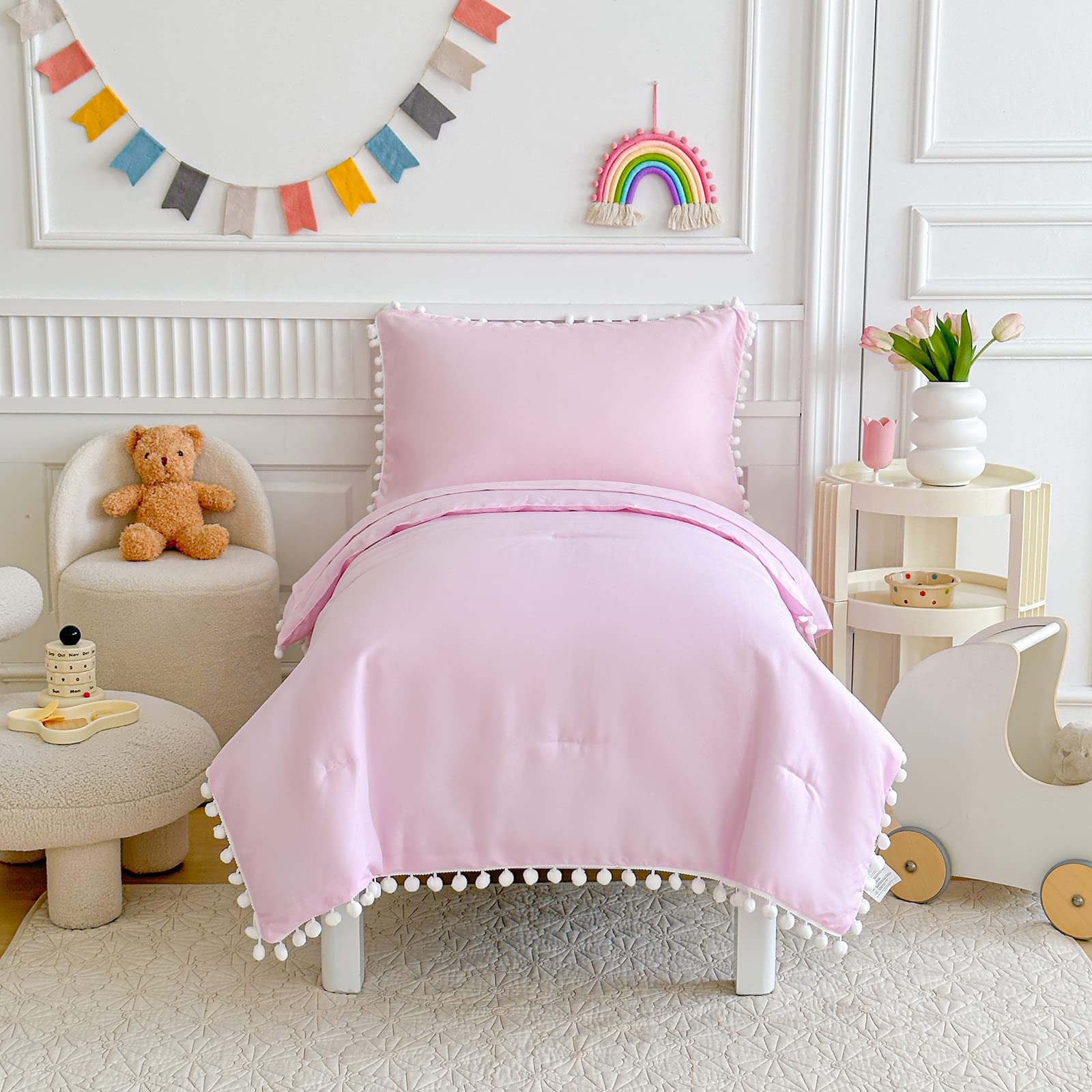 Chrismas Toddler Bedding Set 4 Pieces Boho Ball Pom Pom Toddler Bed Set Bed in a Bag Chic Boho Green Pom Fringe Comforter for New Year Holiday
