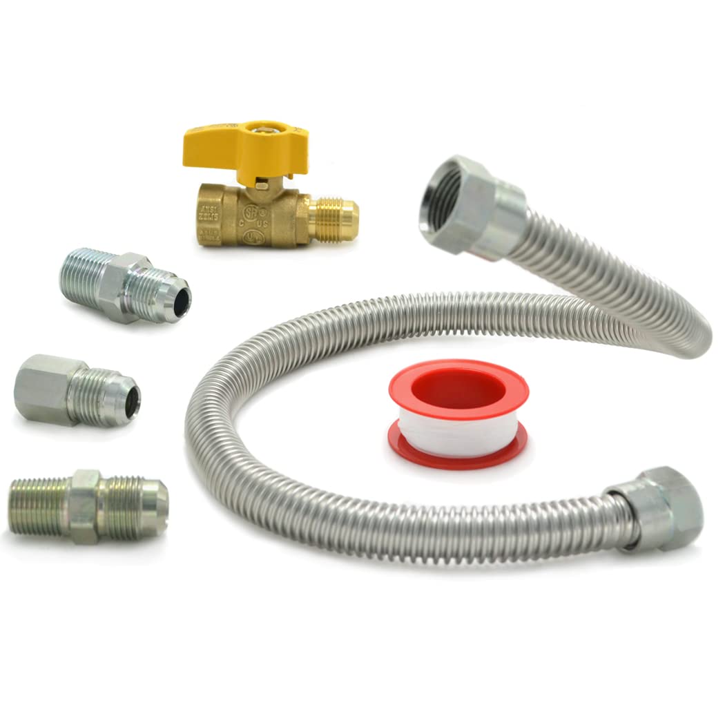 TT FLEX One Stop Gas Appliance Hook Up Kit, 22" Stainless Steel Flexible Gas Connector with 1/2" Brass Gas Shut off Valve and Fittings for Gas Log, Stove, Garage Heater, Dryer, Fireplace, 6-Piece