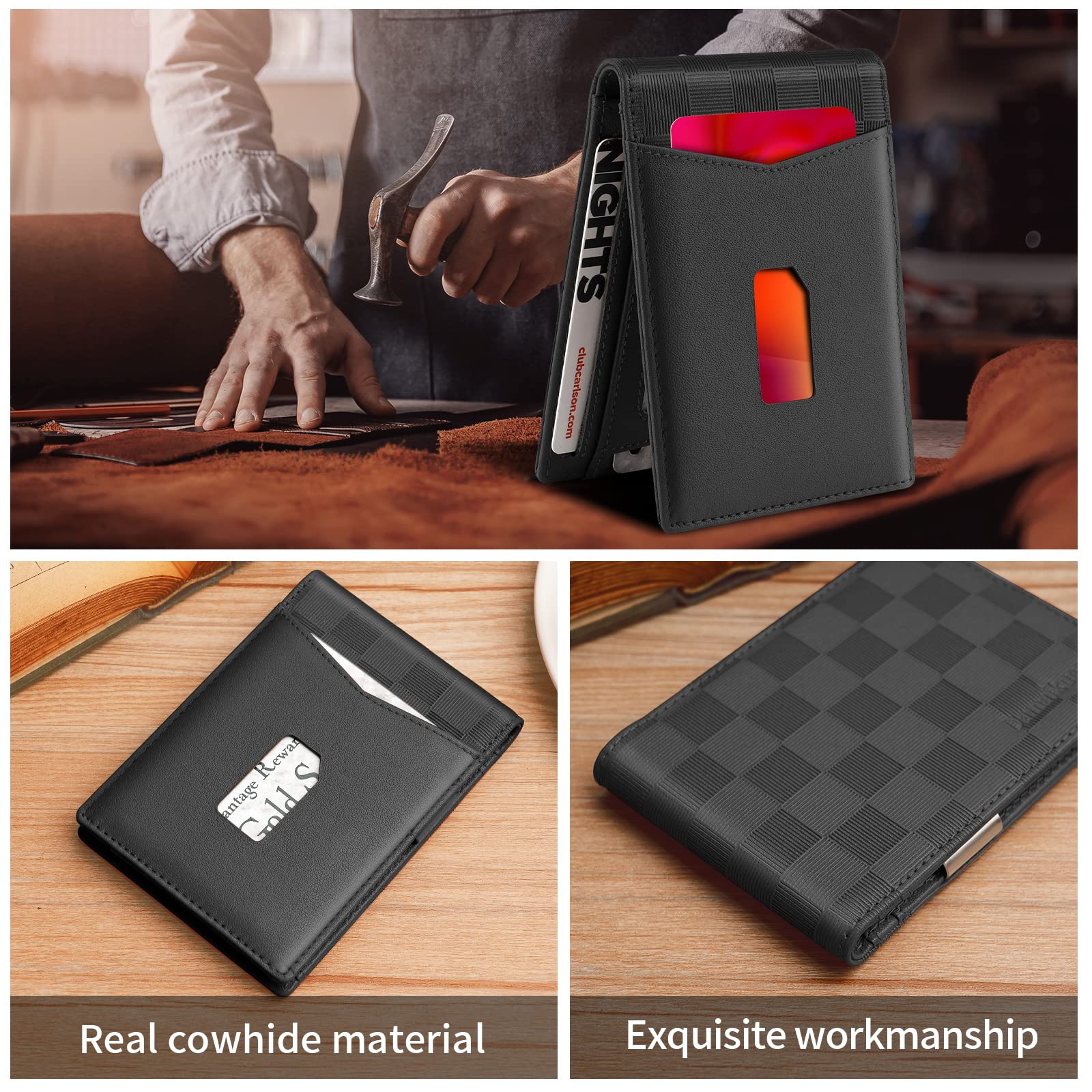 Damaikuan Slim Wallet for Men - Minimalist Front Pocket Credit Card Holder RFID Blocking Mens Wallets Gifts for Men with Gift Box and ID Window (Black)