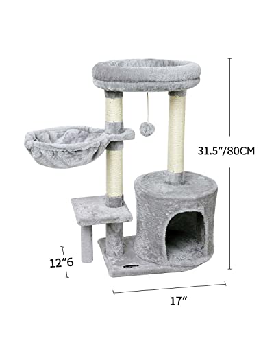 KIYUMI Cat Tree Cat Tower Condo with Sisal Scratching Post for Indoor Cats Cat Tree Cat Furniture with Hammock Perch and Kitten Ball Toys, Multi-Level Pet Activity Center