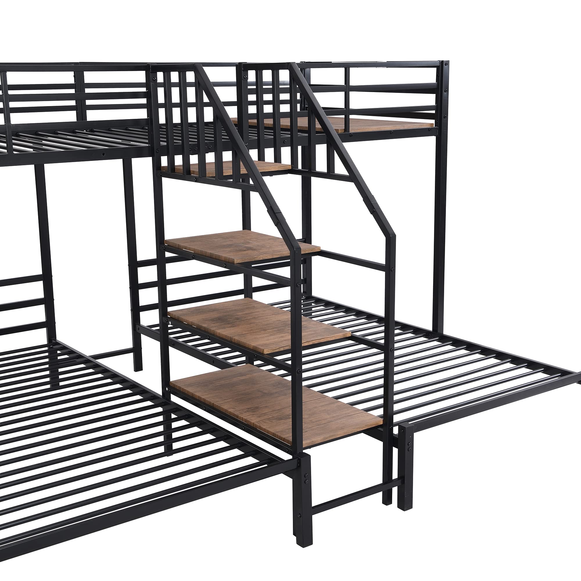 Polibi L-Shaped Twin Size Metal Triple Bunk Bed with Storage Shelves Staircase, Twin Over Twin & Twin Triple Bunk Beds, Black