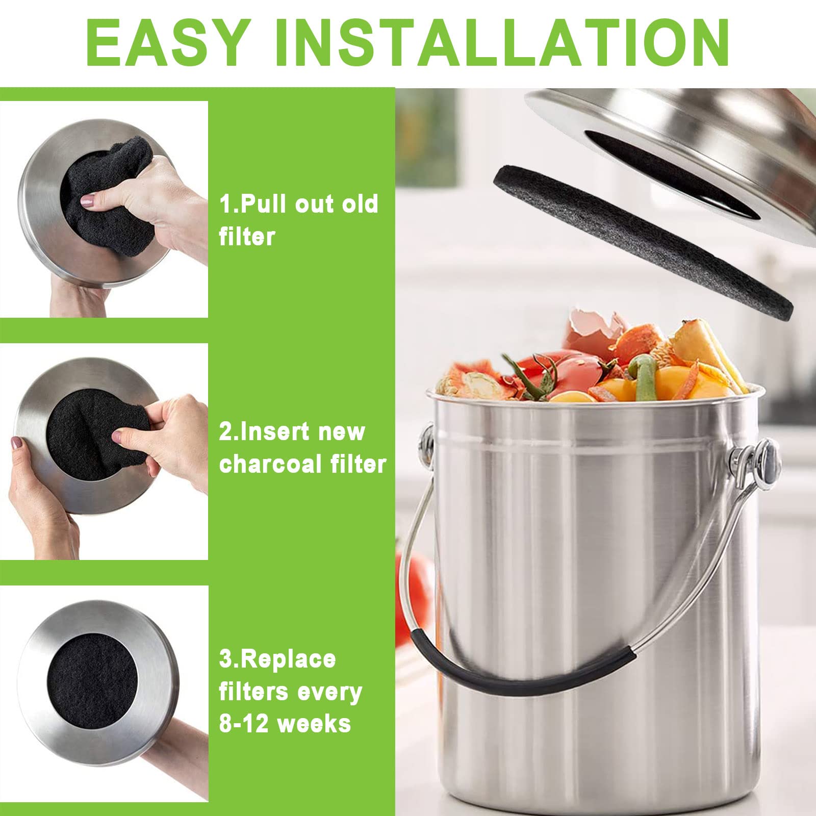 Charcoal Filters for Compost Bucket, 6 Pack Compost Filters for Kitchen Compost Bin Pail Replacement Filter Countertop Home Bucket Refill Sets, Round