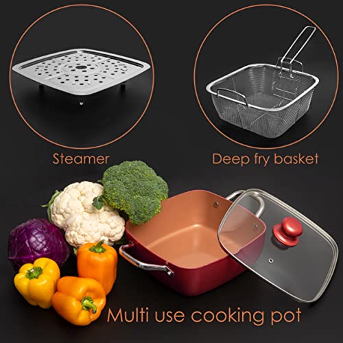 Moss & Stone Copper 5 Piece Set Chef Cookware, Non Stick Pan, Deep Square Pan, Fry Basket, Steamer Tray, Dishwasher & Oven Safe, 5 Quart Copper Pot Set, Red Induction Cookware Set