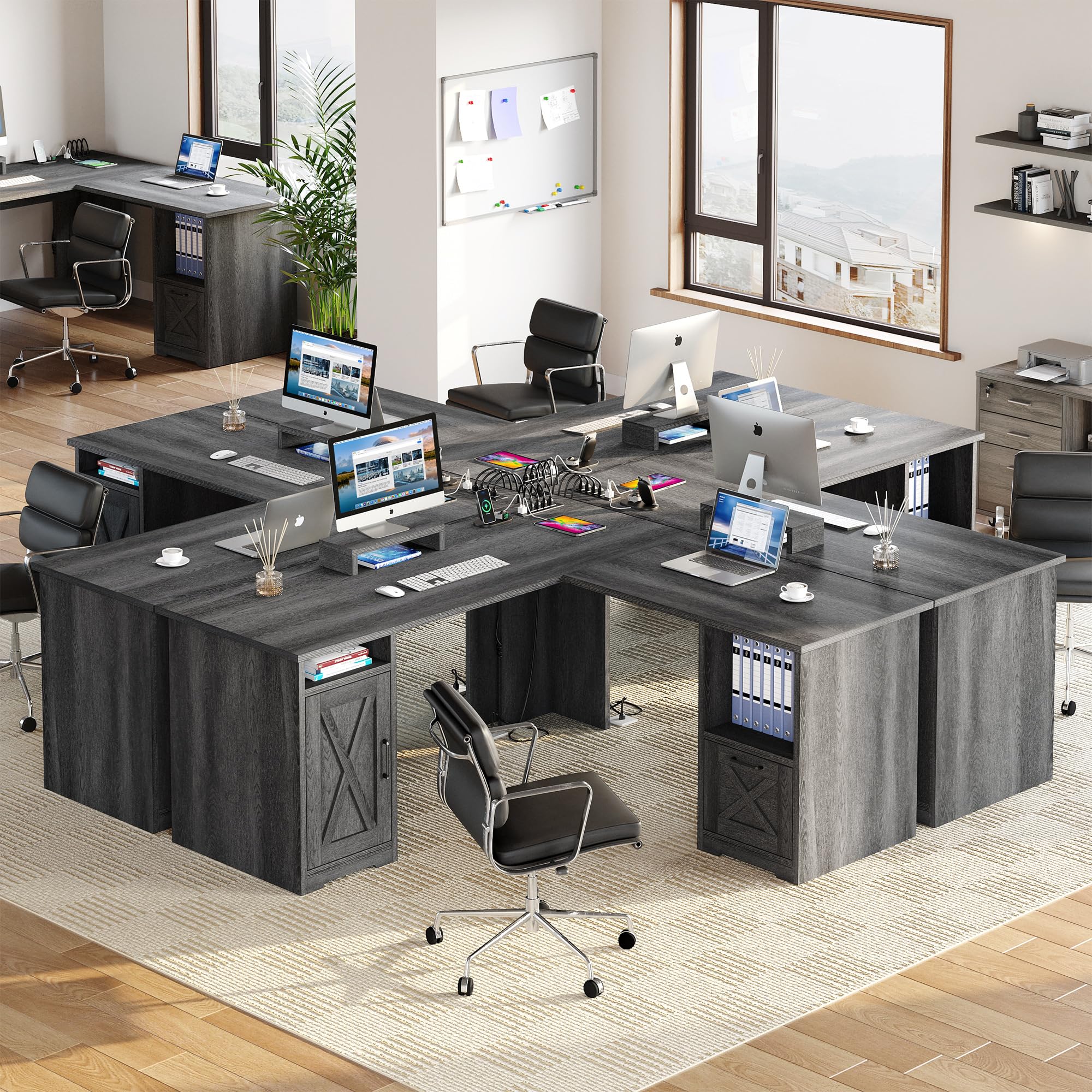 YITAHOME L Shaped Desk with Power Outlets, 60 Inch Computer Desk Corner Desk with File Drawer, Home office Desk with Monitor Stand & Storage Shelves, Large L-Shaped Office Desk with File Cabinet, Grey