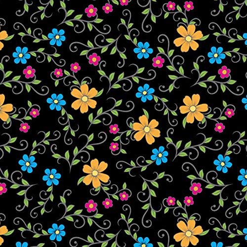 Folk Skulls Floral Black Cotton Fabric by The Yard