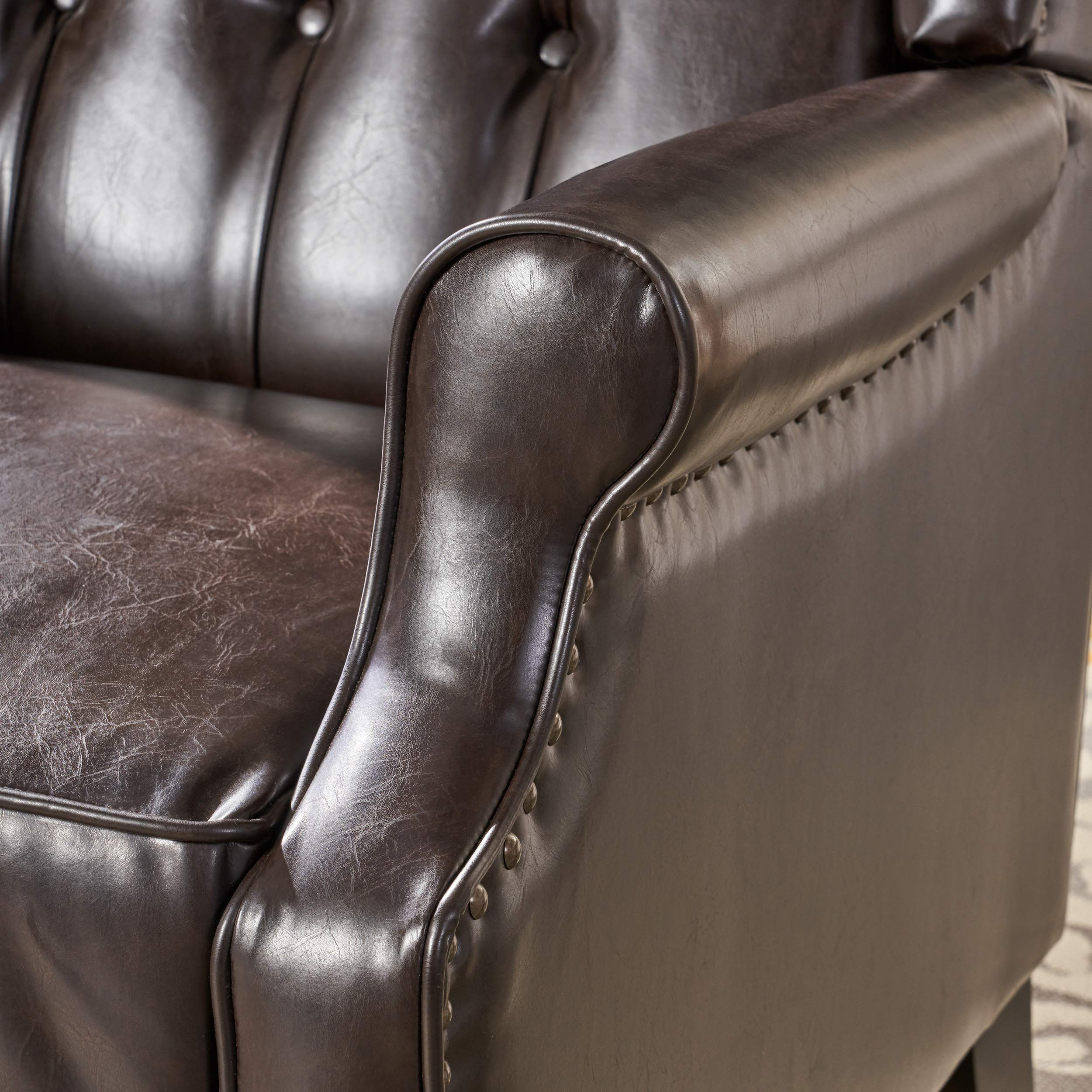 Christopher Knight Home GDFStudio Elizabeth Tufted Bonded Leather Recliner, Vintage Reclining Reading Armchair, 28.5D x 34.5W x 41H in, Brown