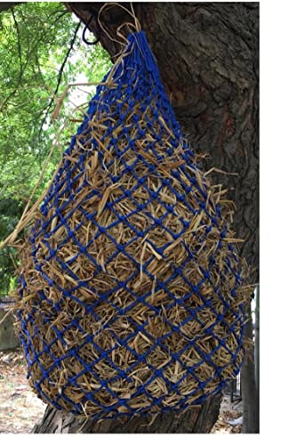 Majestic Ally 2 Pcs 1.25”x1.25” Holes Ultra Slow Feed 36” Very Sturdy Hay Net with Bottom Ring for Horses, Goat, Travel Feeder for Trailer and Stall, Reduces Waste (Royal Blue)