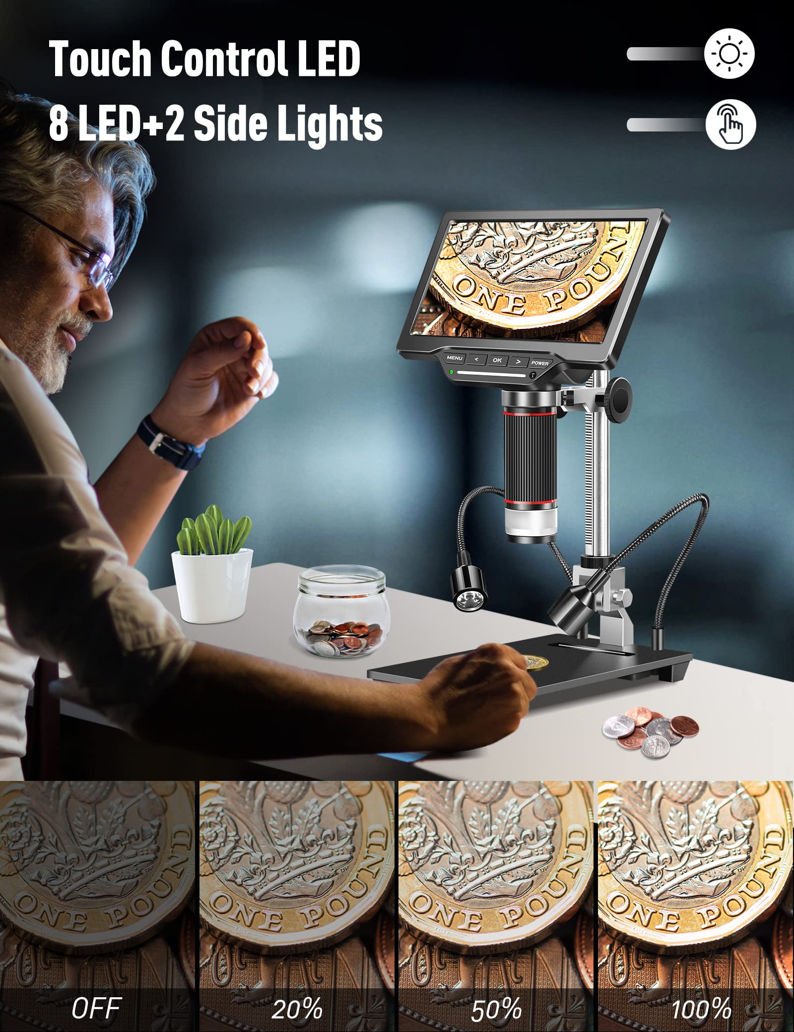 Dcorn Digital Microscope – 7 inch HDMI LCD Coin Microscope with 4.7 inch Extension Tube – 1300X 16MP Soldering Microscope Camera – Microscope for Adults with Touch Control LED Lights, (HDMI 7 INCH)