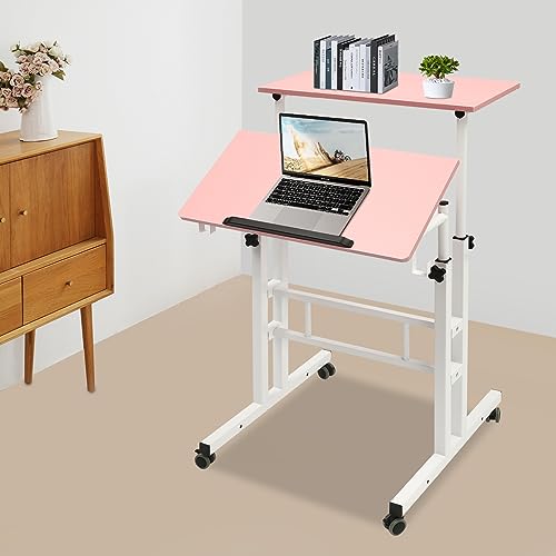 LULUGOGOTOP 24" Mobile Stand Up Desk,Small Adjustable Standing Desk w/Wheels,Portable Home Office Computer Workstation w/2 USB,Rolling Desk Laptop Cart for Standing or Sitting (Pink)