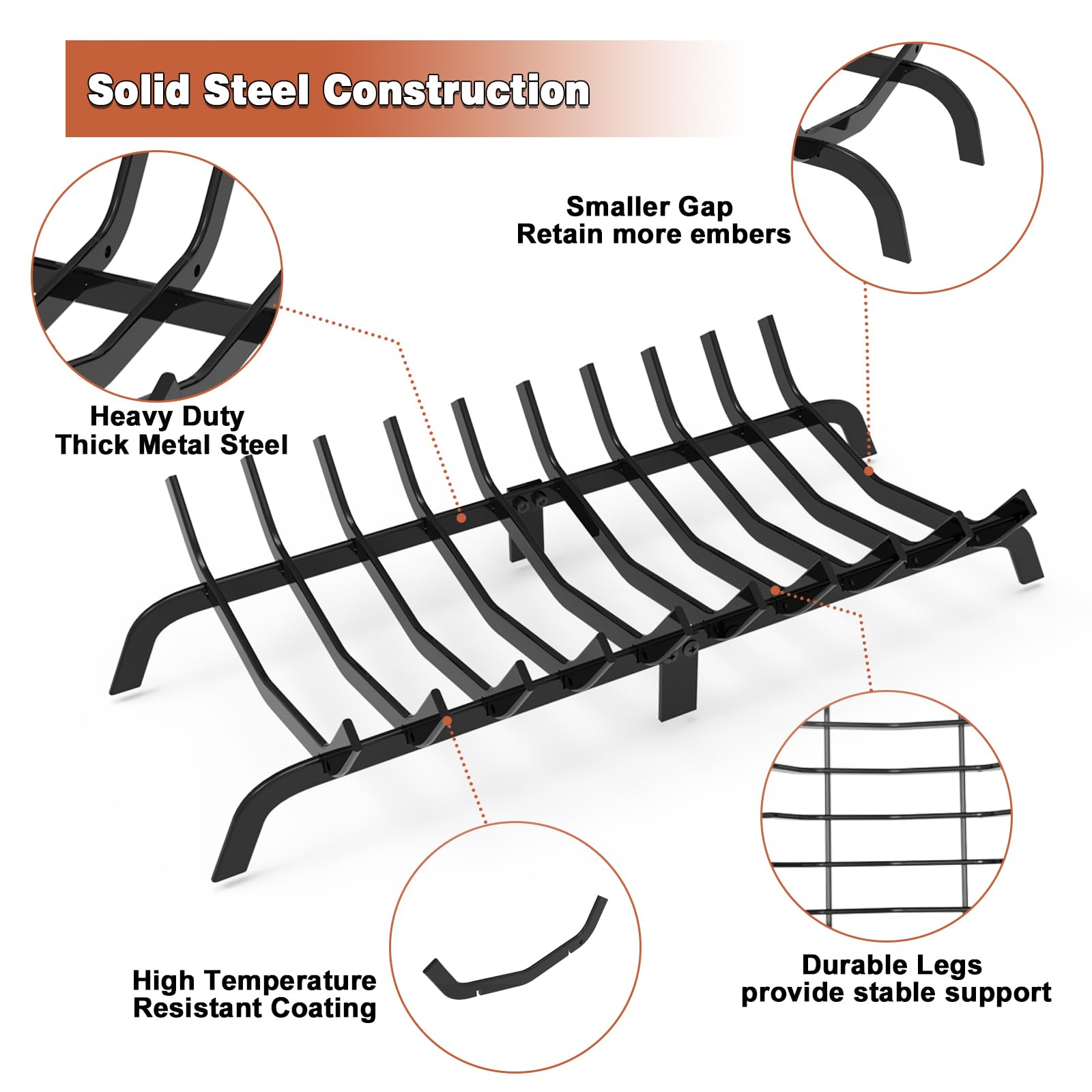 DAMEING Fireplace Grate 30 inch, Heavy Duty Fireplace Log Grate Holder Firewood Rack, Large Solid Steel Fire Pit Grate Fireplace Accessories for Chimney Hearth Wood Stove Burning