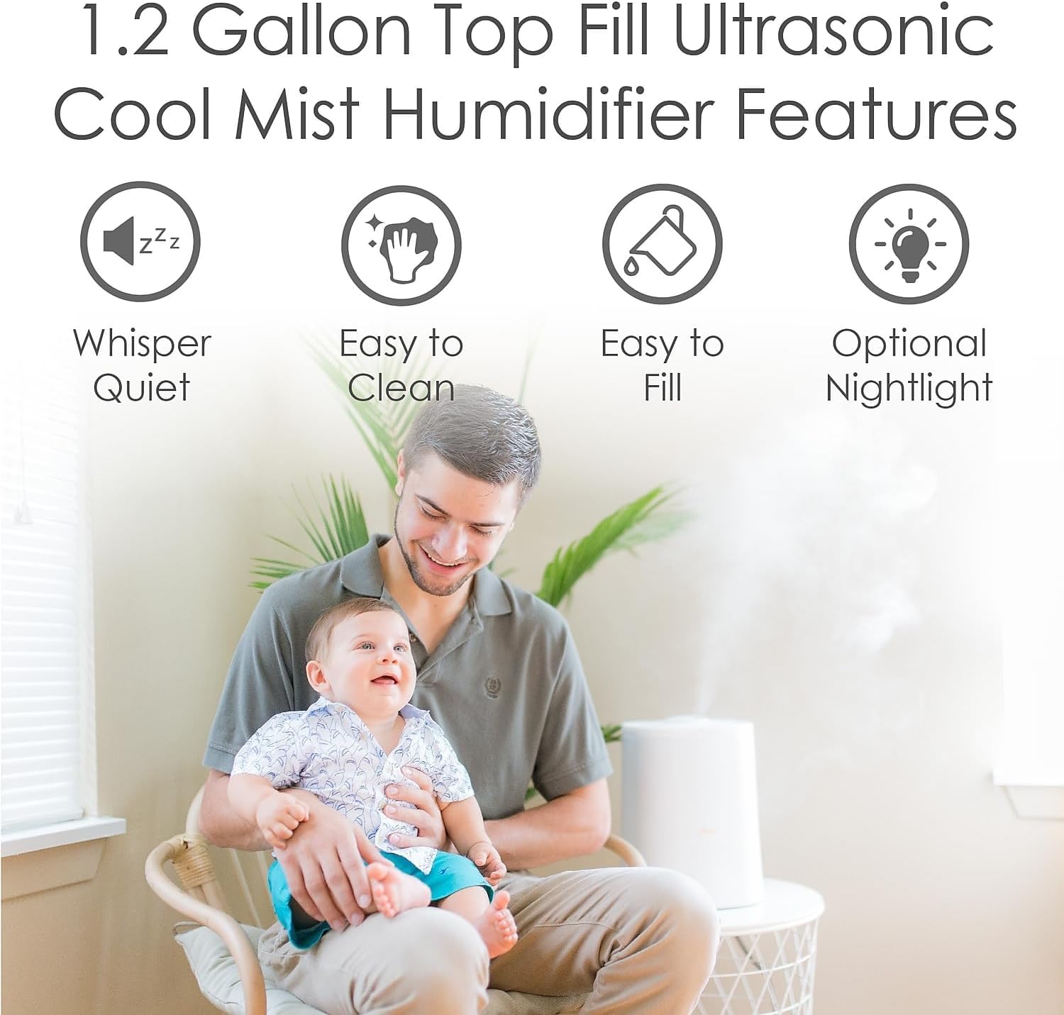 Crane Diffuser and Top Fill Ultrasonic Air Humidifiers for Bedroom and Office, 1.2 Gallon Cool Mist Humidifier for Large Room and Home, No Humidifier Filters Needed, White
