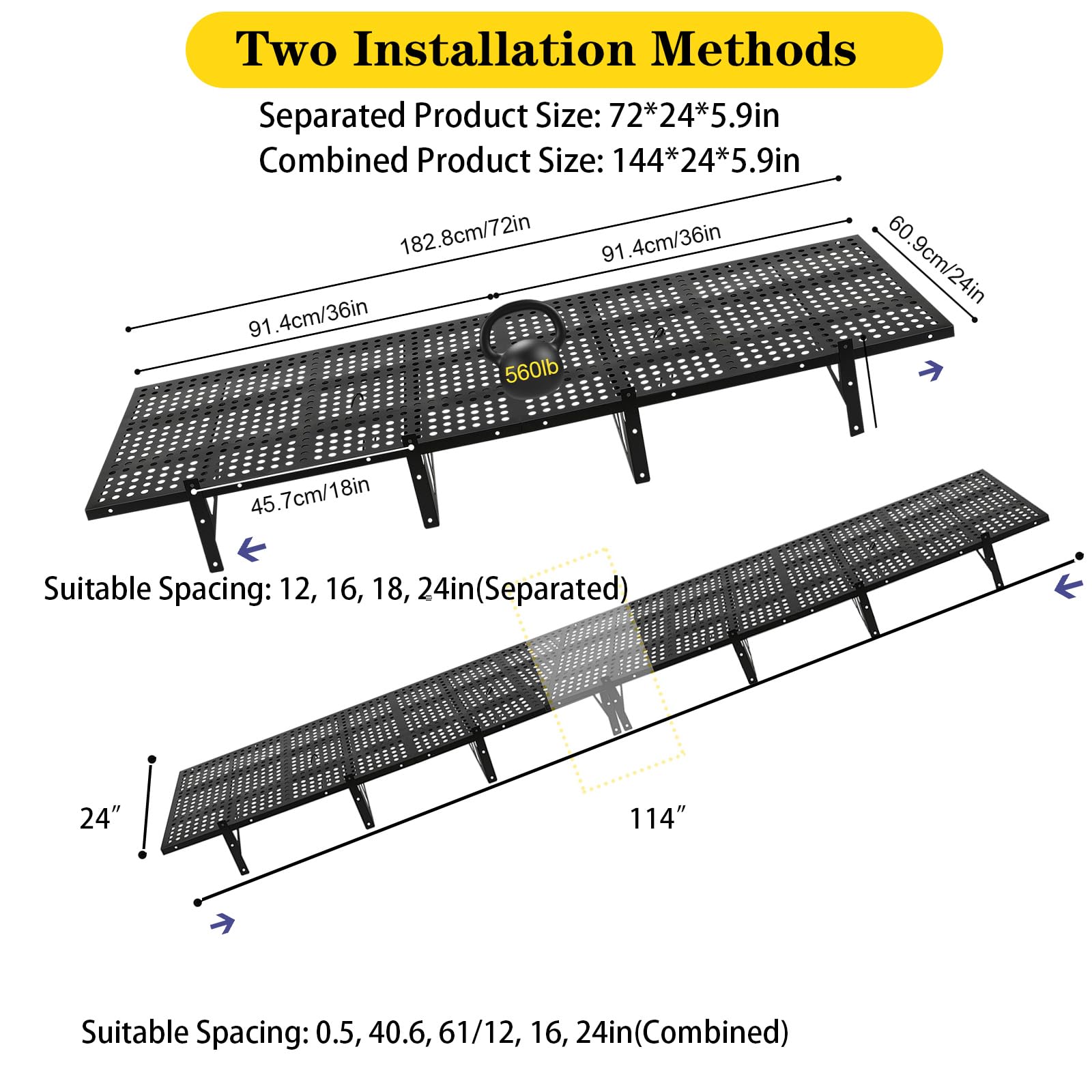 Garage Shelving Wall Mounted, 2-PACK 2x6FT Garage Shelving, 72βx 24βGarage Shelving Wall Mount Organizer, 560 lbs Load Capacity Garage Storage Rack Floating Shelves, with 4 Hooks, 1 Sets, Black