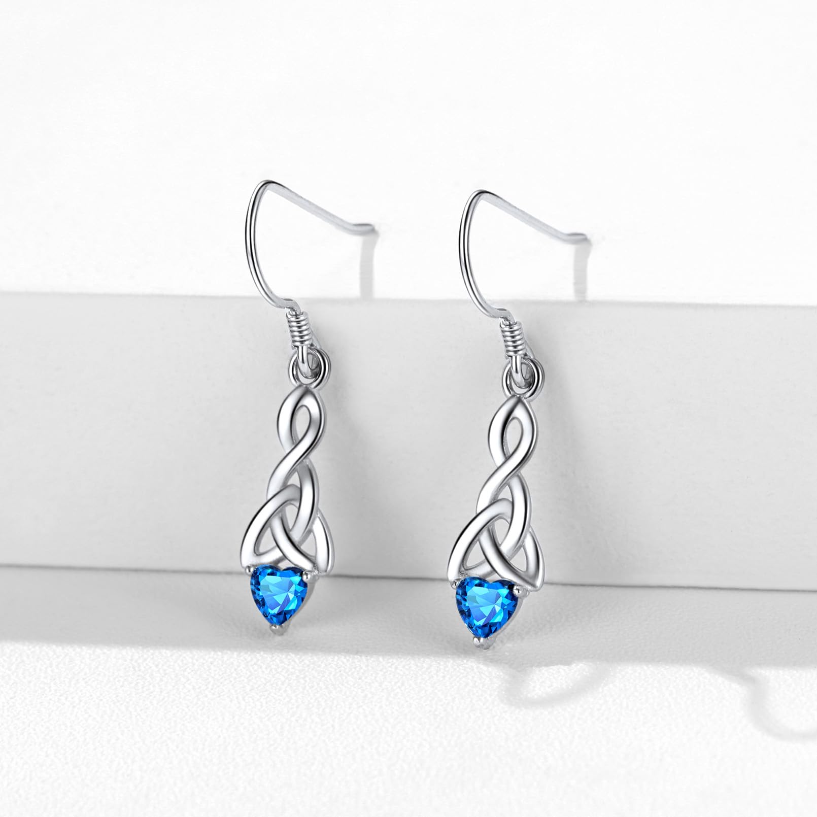 ChicSilver 925 Sterling Silver Irish Celtic Earrings Hypoallergenic Ocean Blue Aquamarine Topaz March Birthstone Gem Stone Heart Dangle Drop Earrings Celtic Knot Jewelry