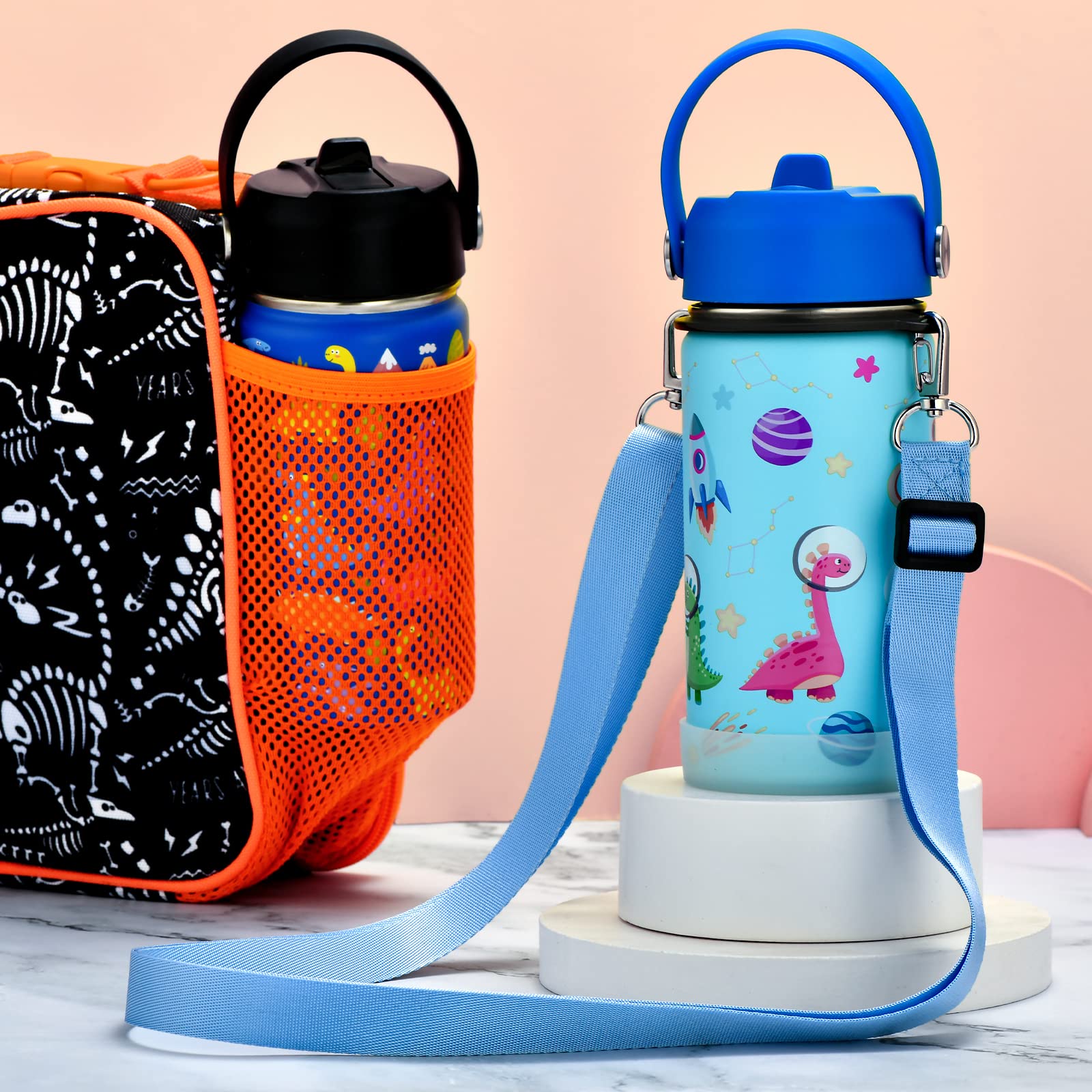 WEREWOLVES 14oz Kids Water Bottle with Straw Lid, Shoulder Strap and Boot - Insulated Stainless Steel, Reusable Leakproof Metal Water Bottles for School (Space Dinosaur (Strap), 14 oz)