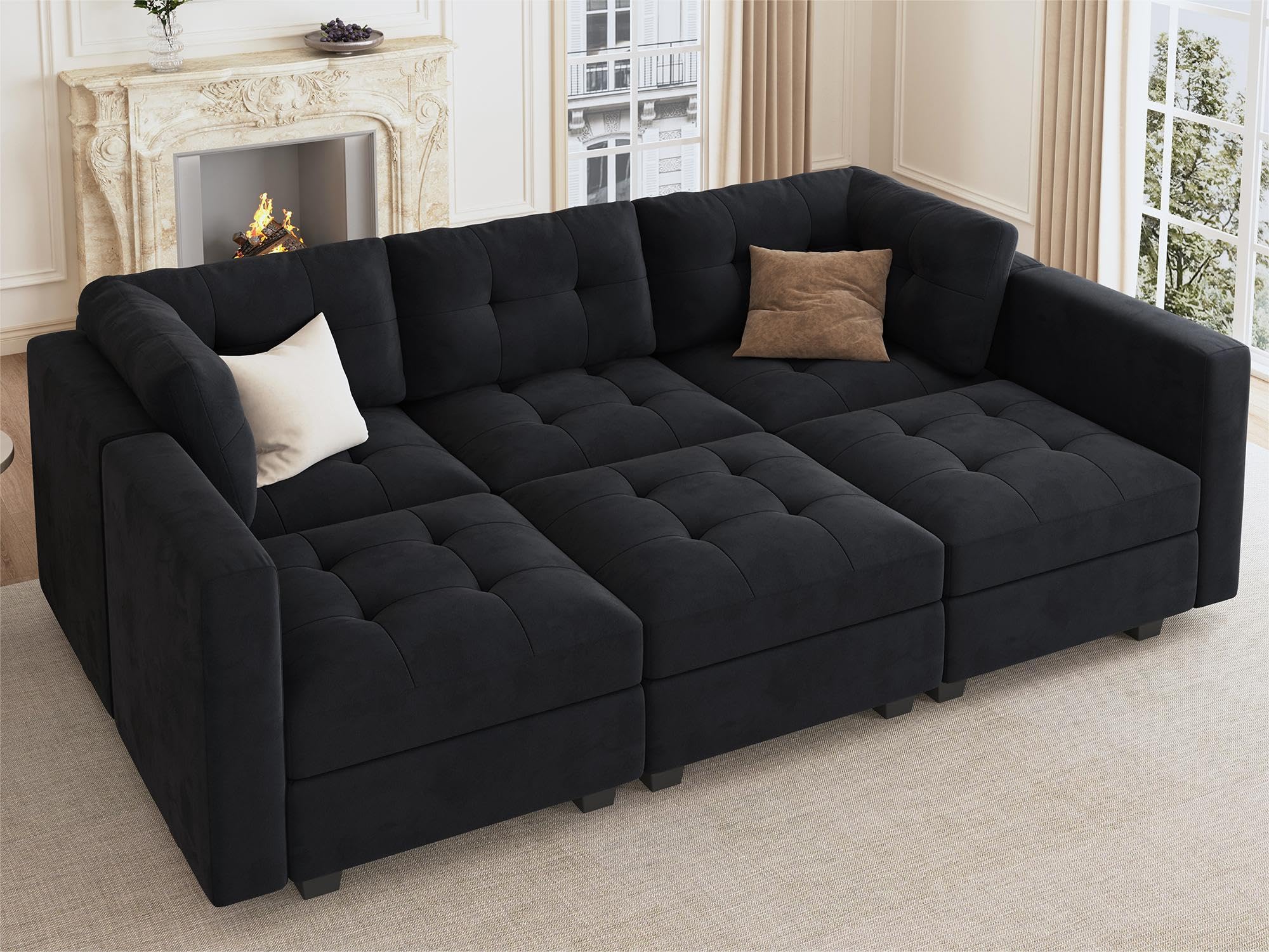 HONBAY Modular Sectional Sleeper Sofa with Storage, Large Sectional Couch Faux Leather, 8 Seat Sofa Bed Sectionals for Living Room Leather, Brown